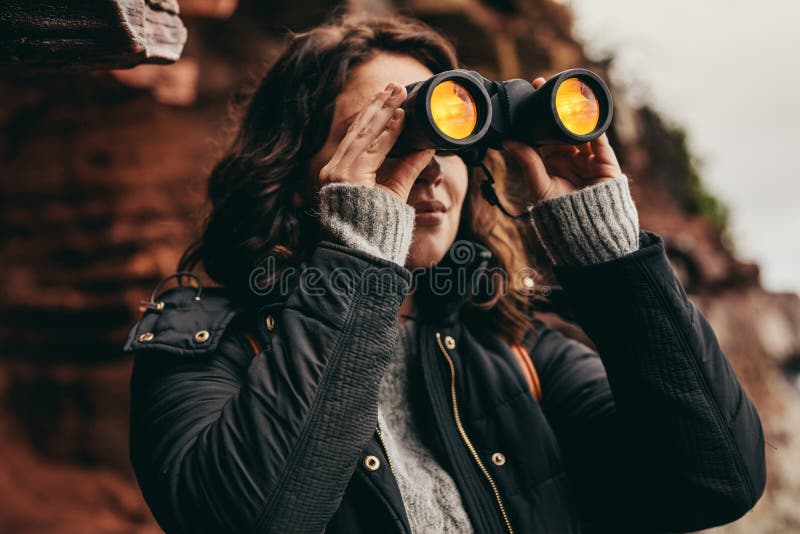 Woman Looking through Binoculars Stock Photo - Image of nature ...