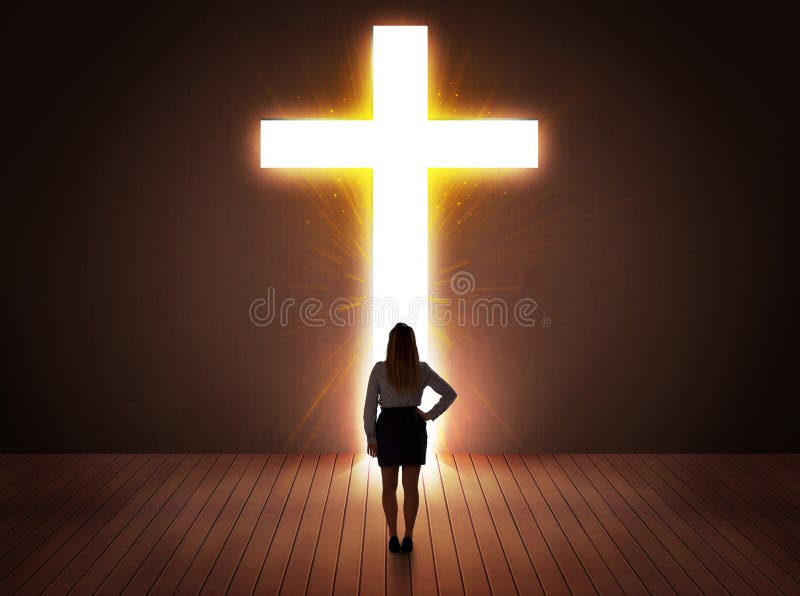 Woman Looking at Bright Cross Sign Stock Photo - Image of christianity ...