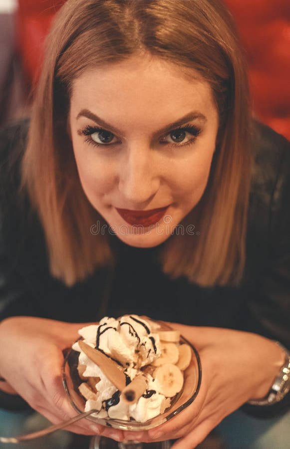 Woman Looking on Camera Holding Bowl with Ice Cream Stock Image - Image ...