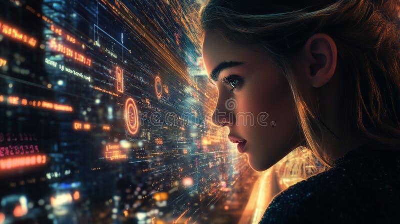 A Woman is Looking at a Computer Screen with a City View in the ...