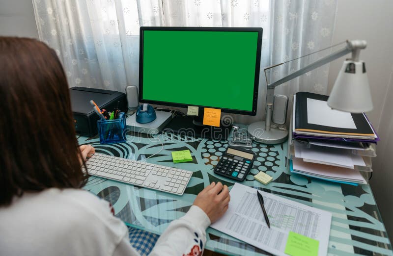 Woman Looking at Computer Screen Stock Image - Image of room, home ...