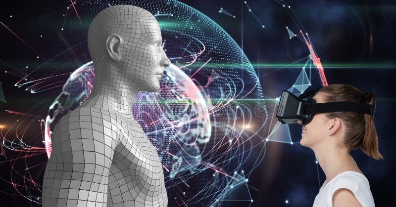 Woman Looking at 3d Human Figure on VR Glasses Stock Photo - Image of ...