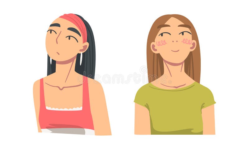 Woman Looking in Different Direction with Face Expression Vector Set ...