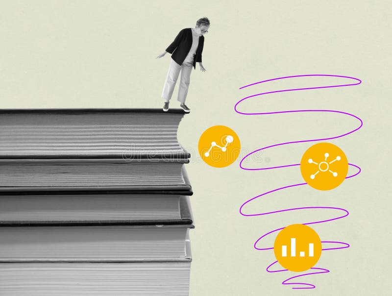 A Woman Looking Down from a Stack of Books As a Concept Lifelong ...