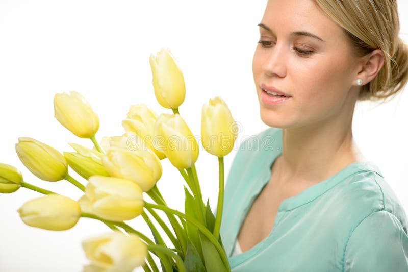 Woman Looking Down Yellow Tulip Spring Flowers Stock Image - Image of ...
