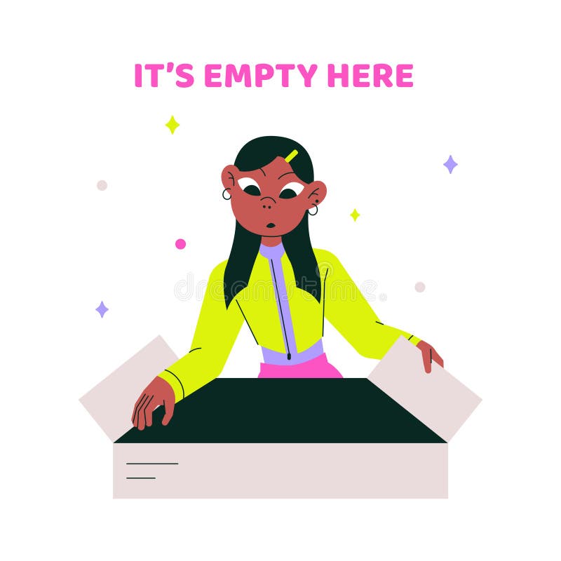 Woman Looking into an Empty Box in Flat Vector Illustration Symbolizing ...