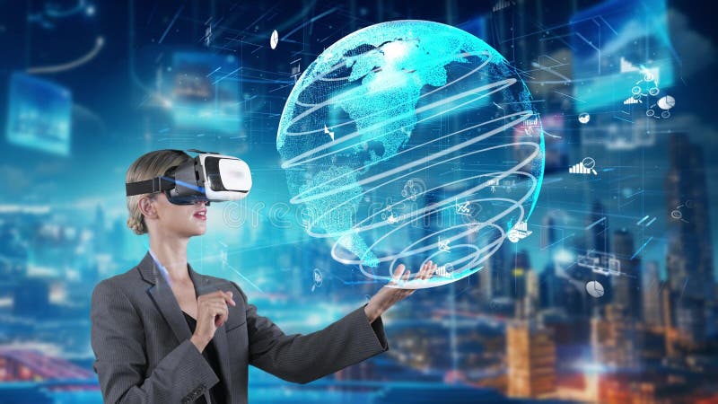 Woman Looking Data Dynamic World Monitor by VR at Building View ...