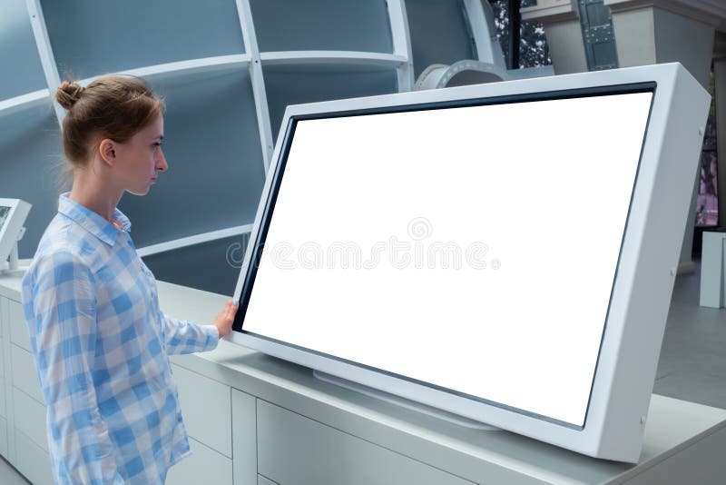 Woman Looking at Blank Wide Interactive Wall Display - White Screen ...