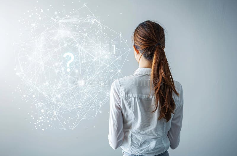 Woman Looking at a Question Mark in a Network Stock Illustration ...