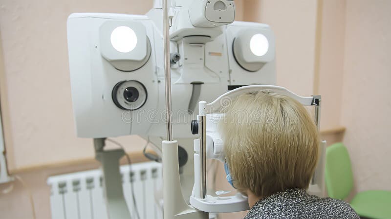 Woman Looking at Refractometer Eye Test Machine in Ophthalmology Stock ...