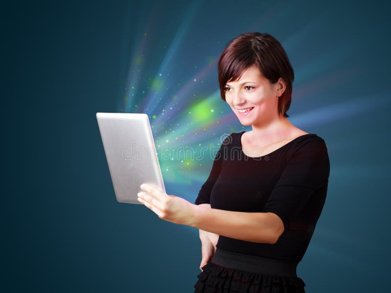 Woman Looking at Tablet with Abstract Lights Stock Image - Image of ...