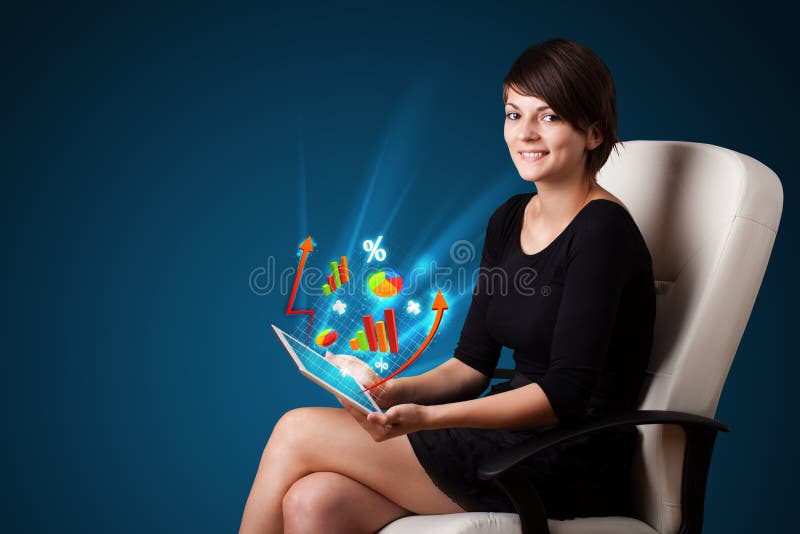 Woman Looking at Tablet with Colourful Diagrams Stock Photo - Image of ...