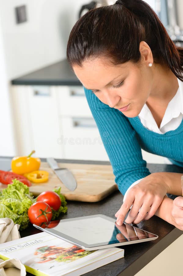 Woman Looking Tablet Reading Recipe Kitchen Vegetables Stock Image ...
