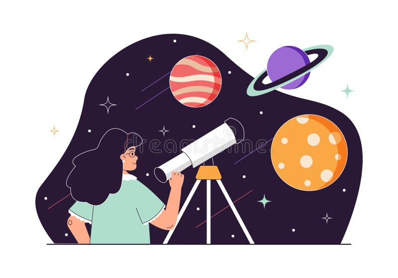 Woman is Looking through a Telescope at the Night Sky. the Night Sky Looks Like Space - Planets ...