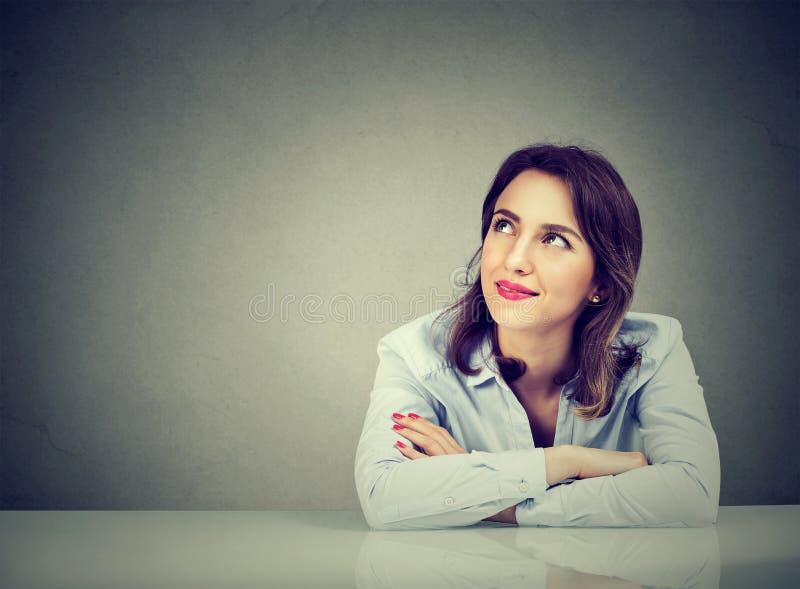Woman Looking Thoughtful and Happy Stock Photo - Image of employee ...