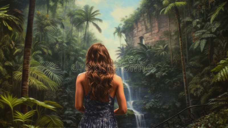 Woman Looking at Tropical Waterfall Back View. Generative AI Stock ...