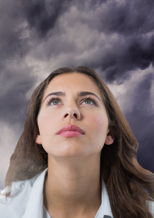 Woman Looking Up with Cloudy Sky Background Stock Image - Image of ...