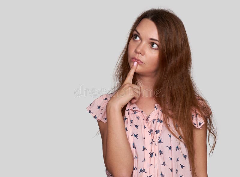 Woman Looking Up and Thinking Stock Photo - Image of pretty, hair ...
