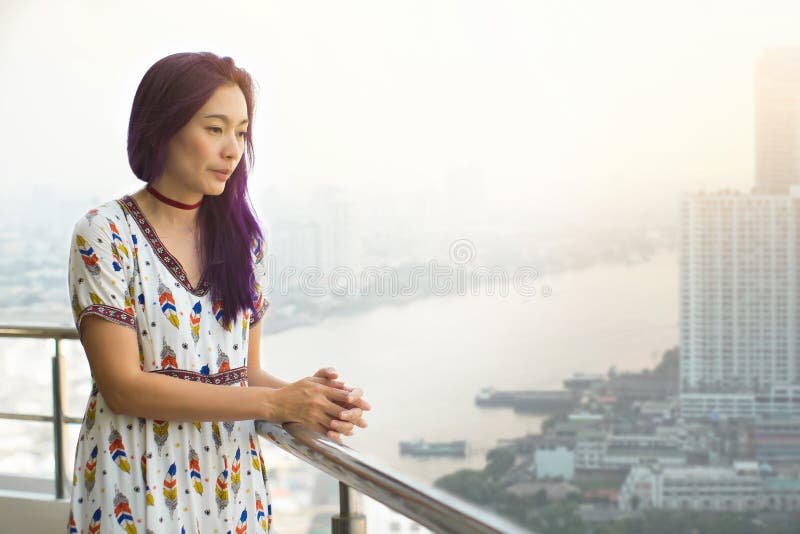 Woman Looking View and Feel Sad on City Background Stock Photo - Image ...