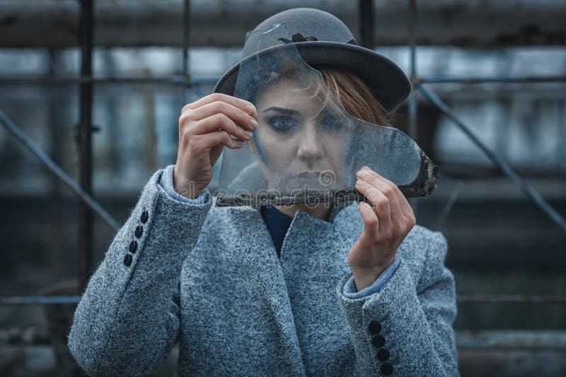 Woman Looks through Broken Glass Stock Image - Image of dirty ...