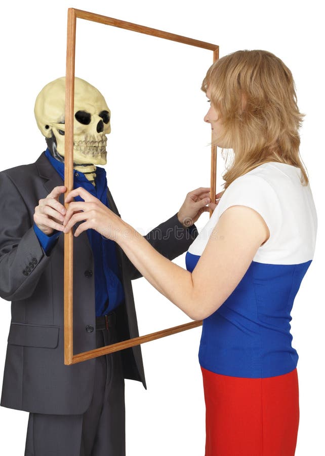 Woman Looks at Skeleton As Reflected Stock Image - Image of blue ...