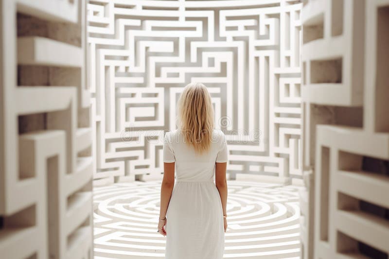 Woman Lost in Labyrinth. Troubled Woman Finding Way Out, Confused Mind ...