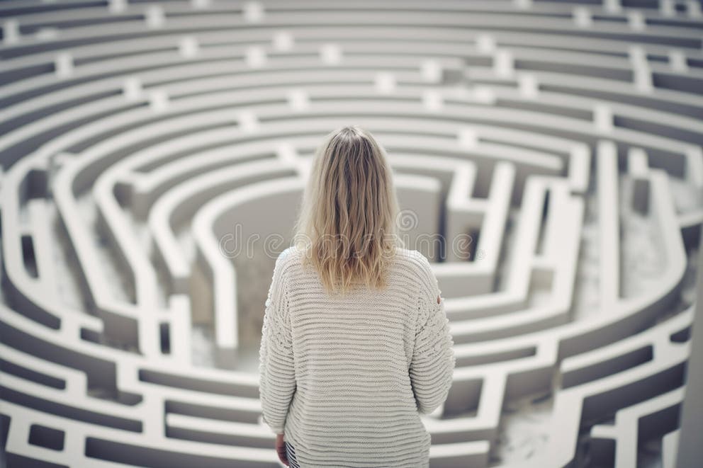 Woman Lost in Labyrinth. Troubled Woman Finding Way Out, Confused Mind ...