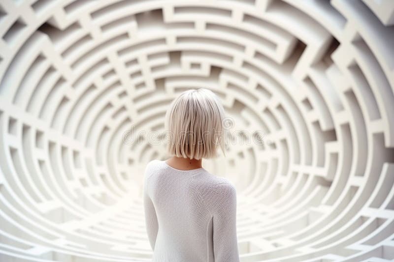 Woman Lost in Labyrinth. Troubled Woman Finding Way Out, Confused Mind ...
