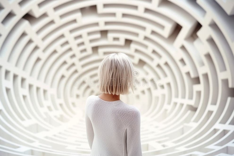 Woman Lost in Labyrinth. Troubled Woman Finding Way Out, Confused Mind ...