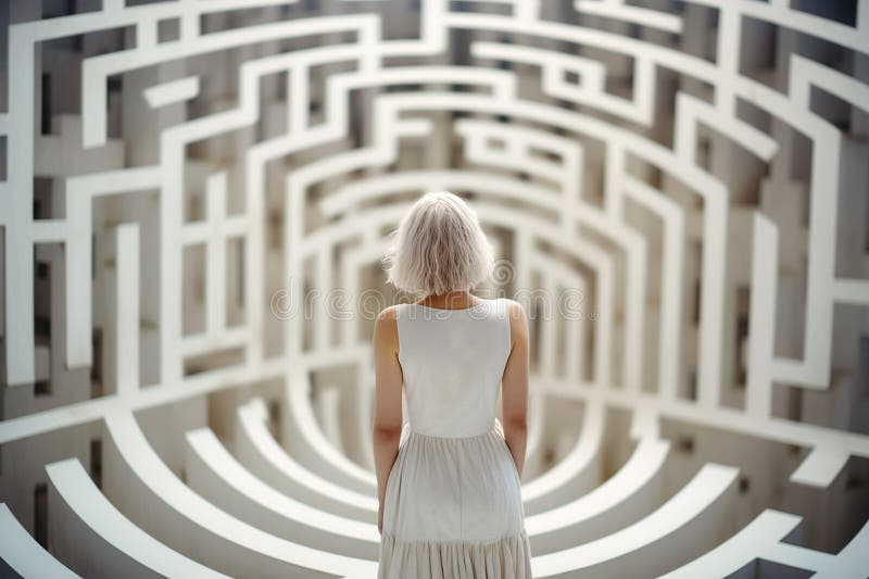 Woman Lost in Labyrinth. Troubled Woman Finding Way Out, Confused Mind ...