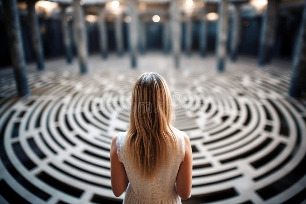 Woman Lost in Labyrinth. Troubled Woman Finding Way Out, Confused Mind ...