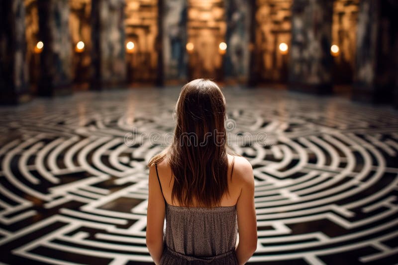 Woman Lost in Labyrinth. Troubled Woman Finding Way Out, Confused Mind ...