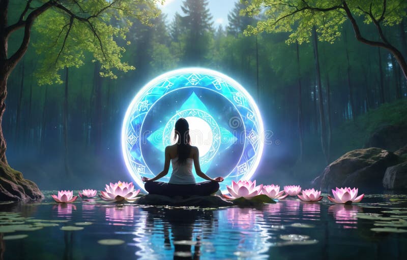 Woman in Lotus Pose Practicing Meditation in Spring Forest in Magic ...