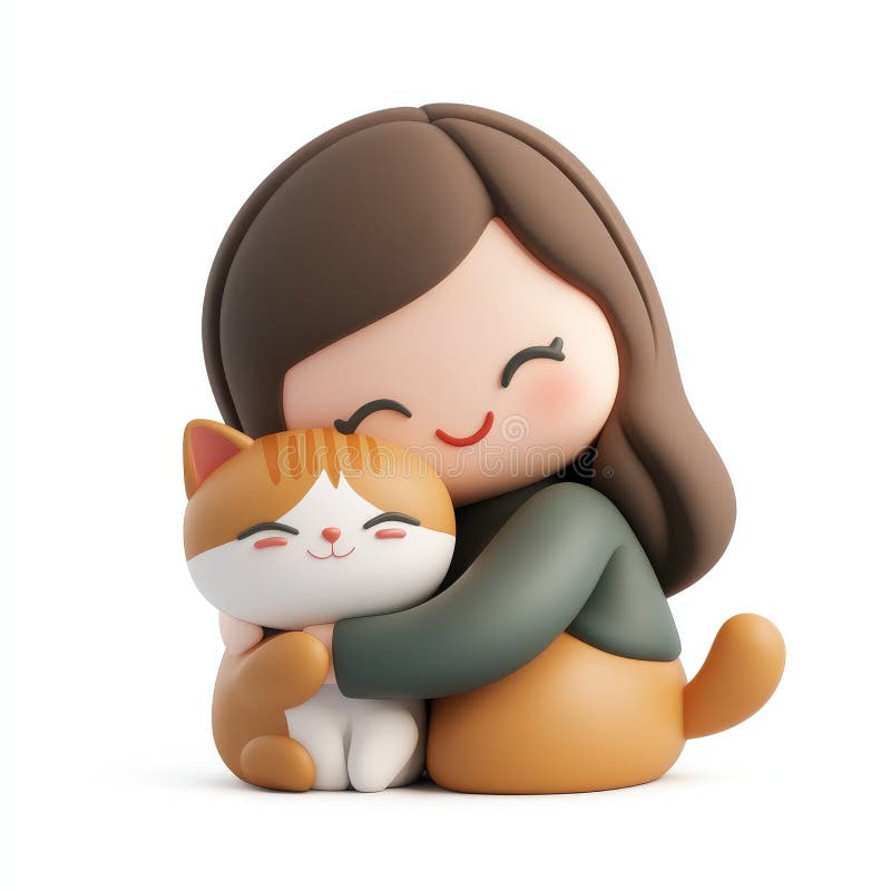 Adorable Girl Hugging Cute Kitten: 3D Render Stock Illustration ...