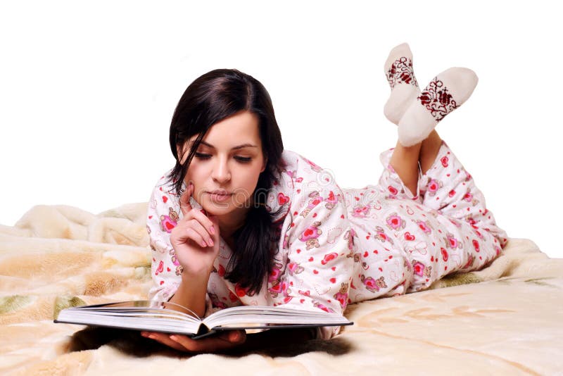 Woman Lying On The Bed Reading A Book Stock Image Image Of Clean
