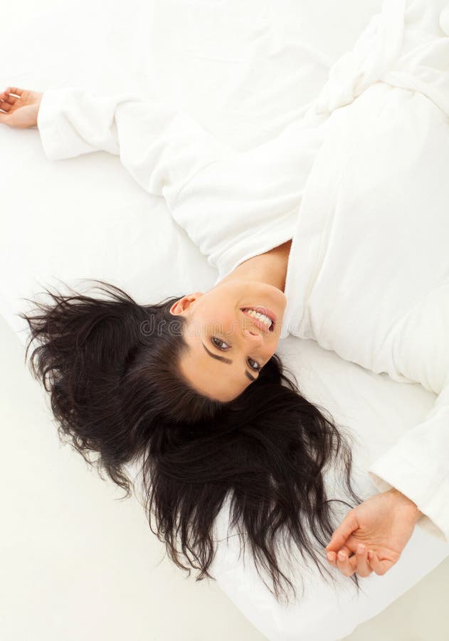 Woman lying bed stock image. Image of caucasian, cheerful - 32668201