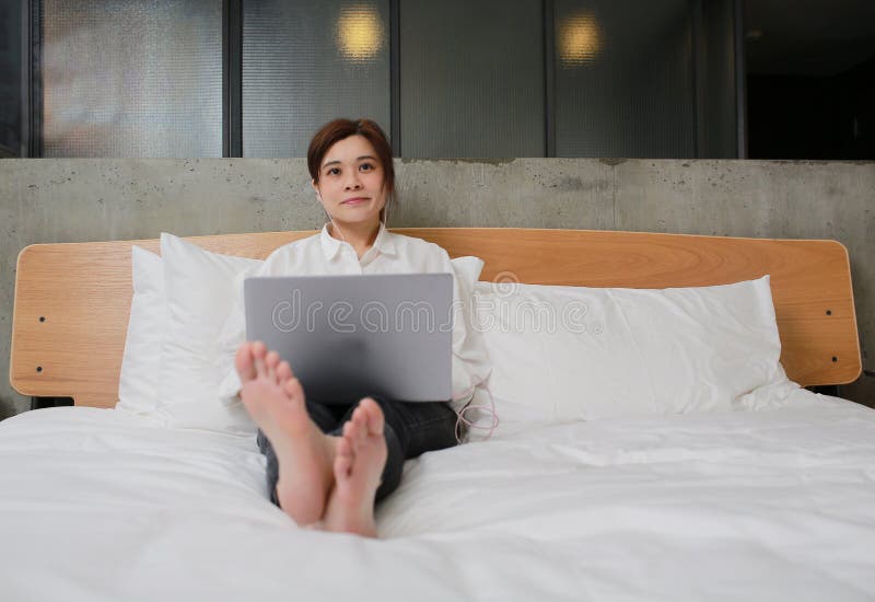 Woman Lying on the Bed Work at Home Stock Image - Image of isolation ...