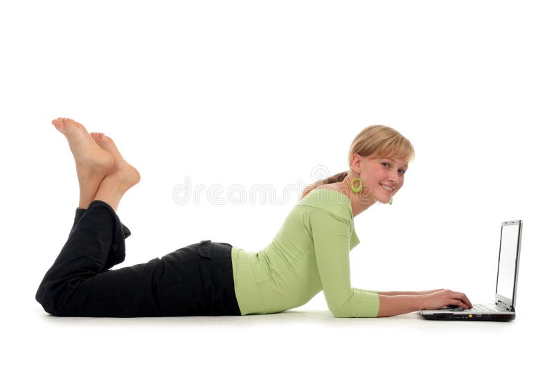 Woman Lying on Floor Using Laptop Stock Photo - Image of online ...