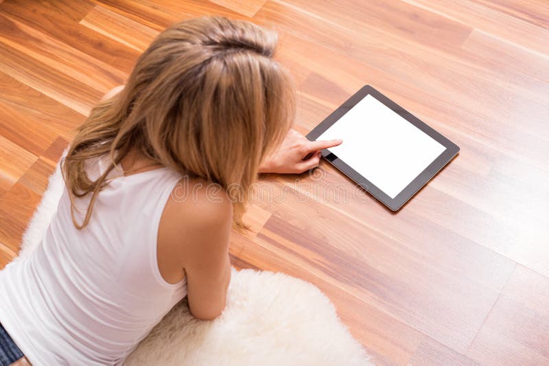 Woman Lying on the Ground with Tablet Stock Image - Image of happy ...