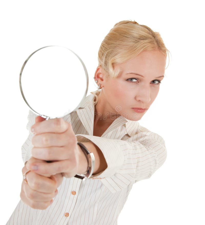 Woman and magnifier stock image. Image of human, face - 12643775