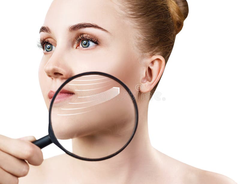 Woman with Magnifying Glass Check Skin with Lifting Arrows. Stock Image ... Woman with Magnifying Glass Check Skin with Lifting Arrows. Stock Image ...