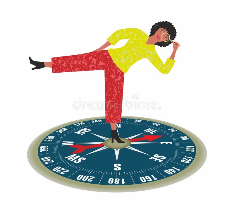 Woman with Magnifying Glass Standing on a Compass. Vector Illustration ...