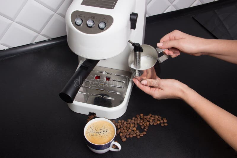Woman Make Cappuccino on White Espresso Coffee Machine on Modern ...