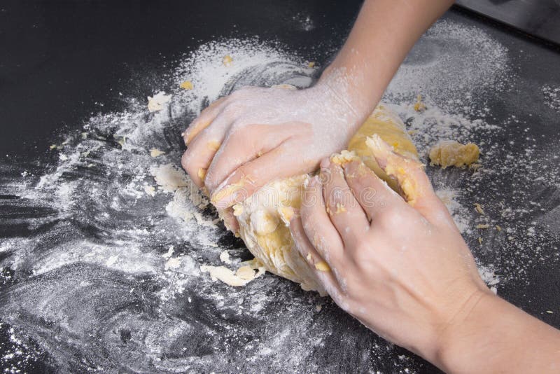 Woman Make Dough for Bakery on Black Surface Stock Image - Image of ...