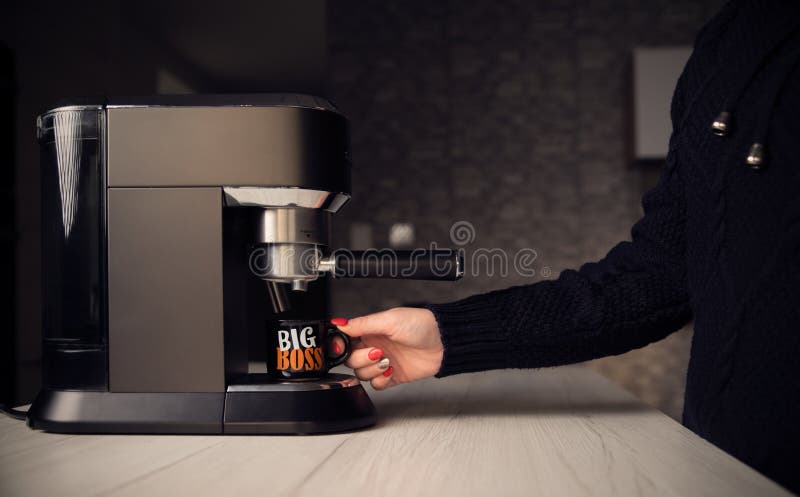 Woman Make Espresso Coffee in Kitchen Stock Image - Image of equipment ...