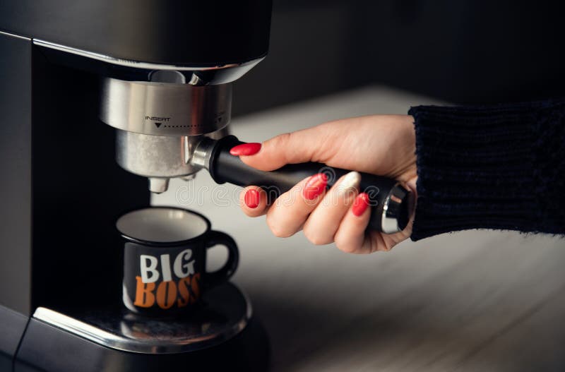 Woman Make Espresso Coffee in Kitchen Stock Photo - Image of maker ...