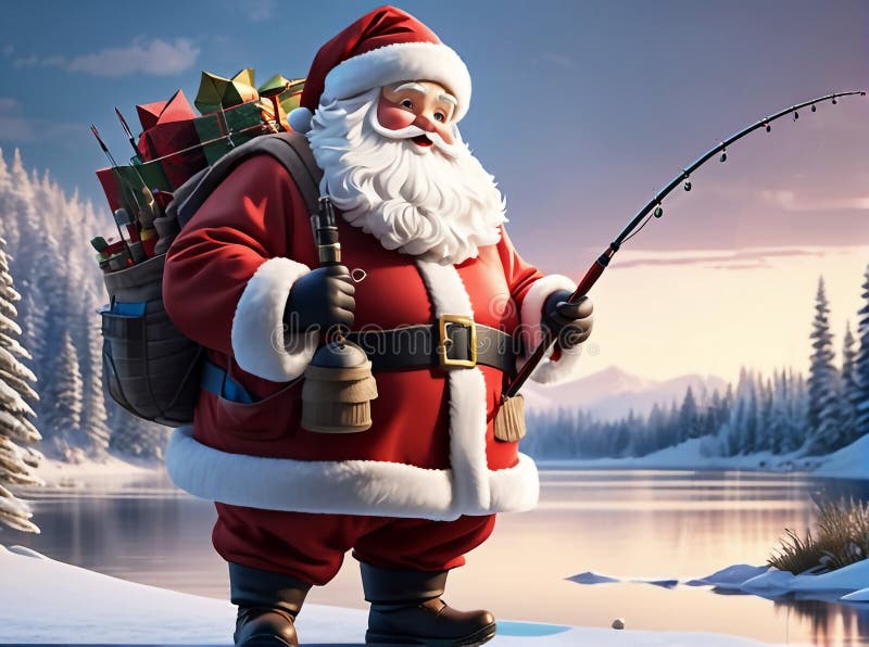 Santa Claus Goes Ice Fishing . AI Generated. Stock Illustration ...