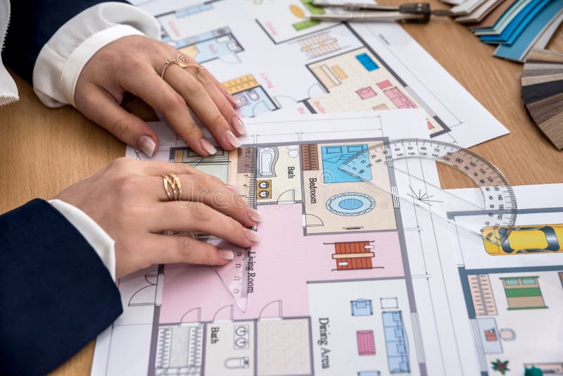 Woman Makes Measurements of the House Project. Stock Photo - Image of ...