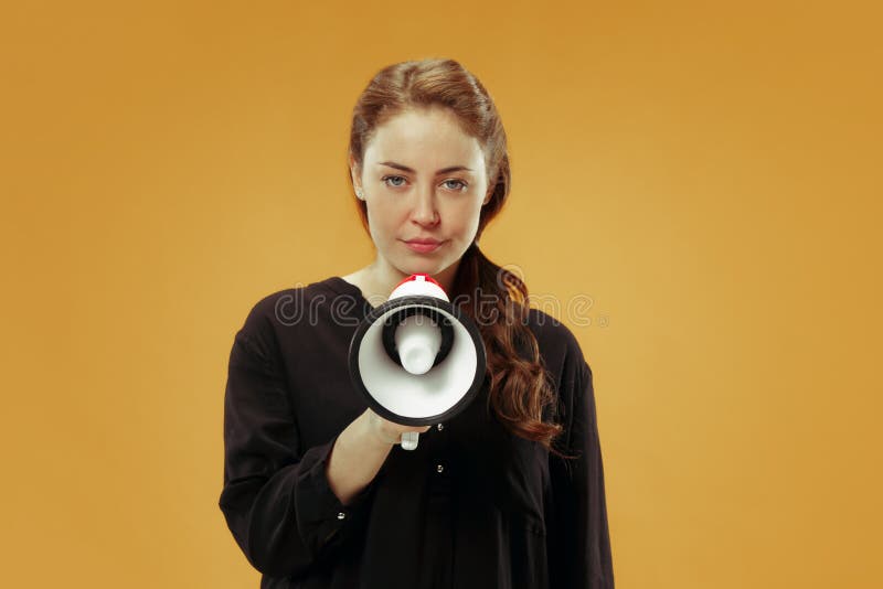 Woman Making Announcement with Megaphone Stock Photo - Image of gold ...
