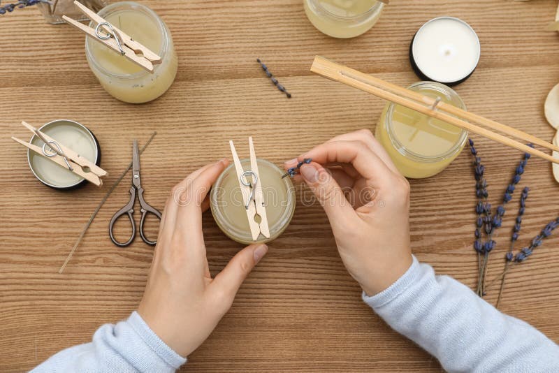 Woman Making Aromatic Candles at Wooden Table, Top View Stock Image ...